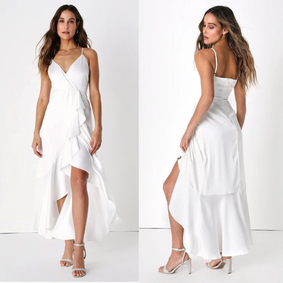 Lulus | Dresses | Lulus Enchanted Moments White Satin Ruffled Highlow ...